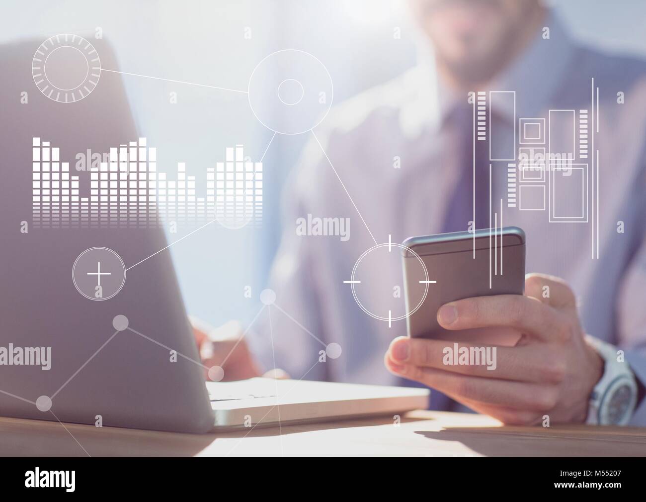 Business Overlay Interface with businessman and phone Stock Photo - Alamy