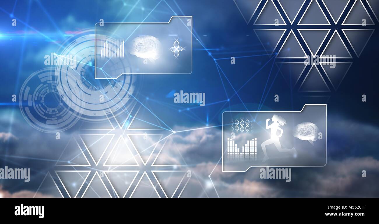 Human health and fitness interface and connections in sky background ...