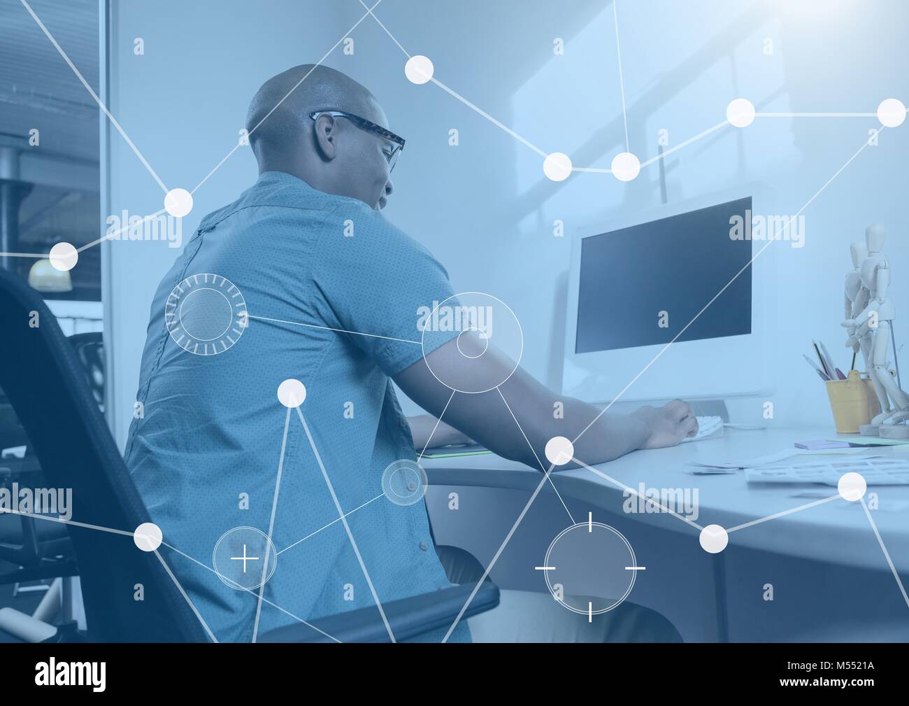 Business Overlay Interface with man and computer Stock Photo - Alamy