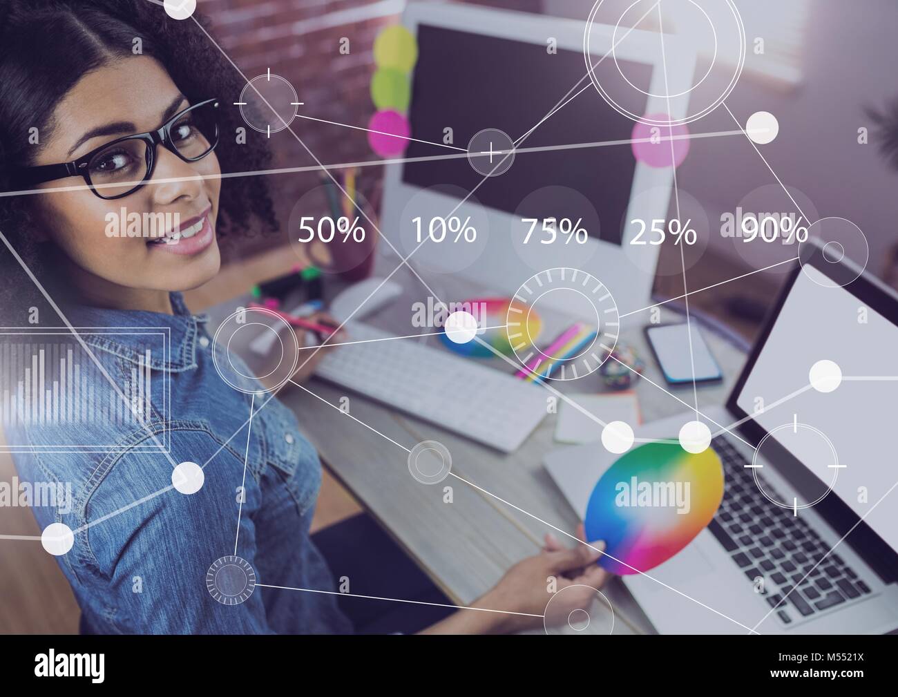 Business Overlay Interface with businesswoman and computer Stock Photo ...