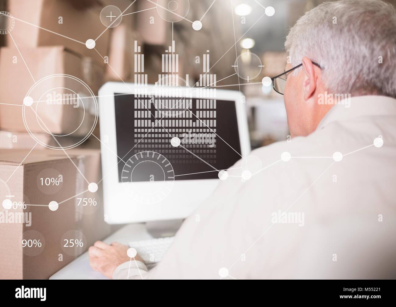 Business Overlay Interface with elderly businessman and computer Stock ...
