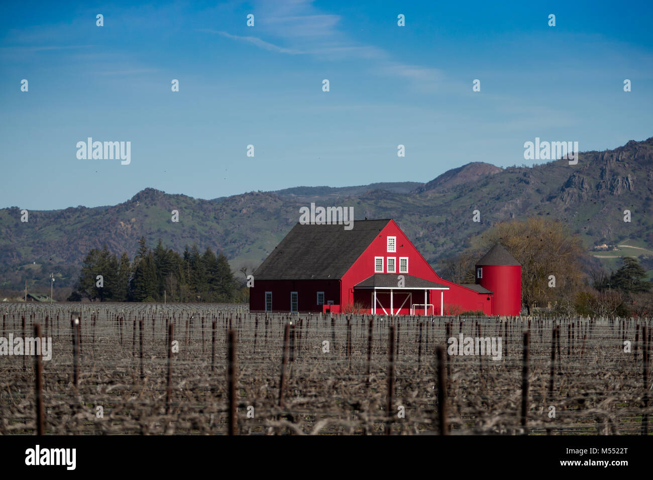 A single red farm building sits alone in a field on Oak Knoll Avenue ...