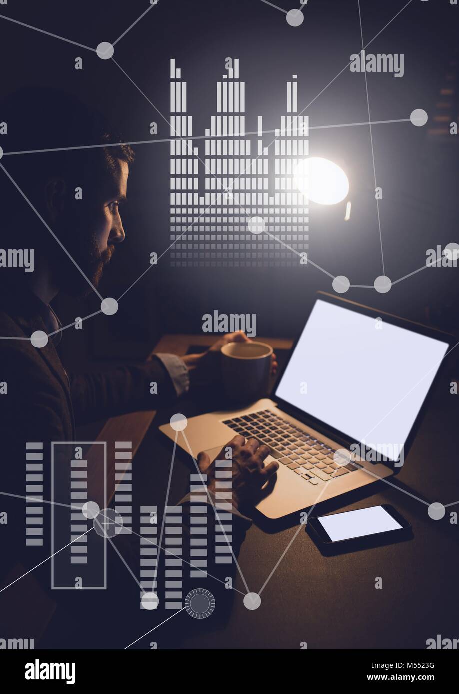 Business Overlay Interface with businessman and laptop Stock Photo - Alamy