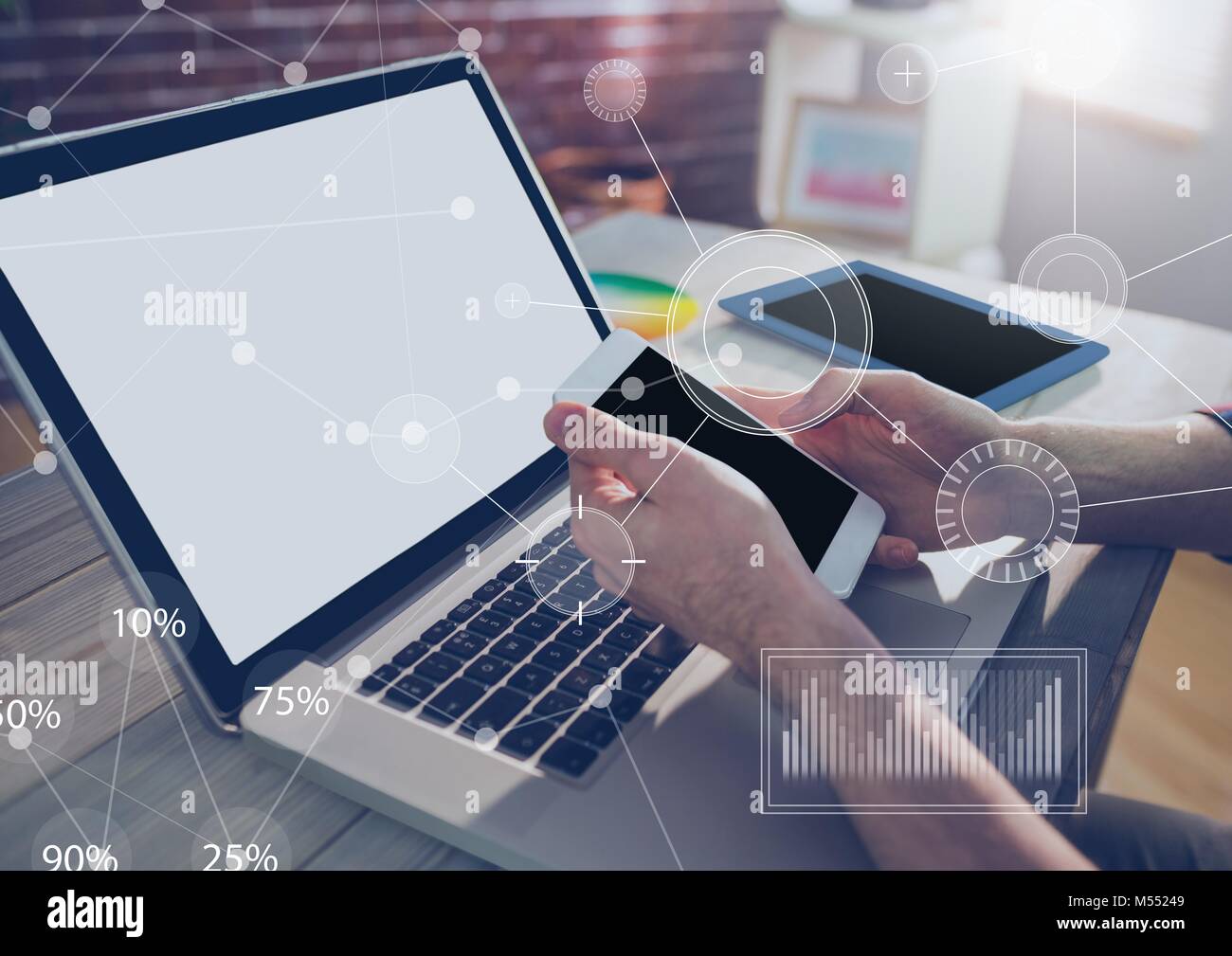 Business Overlay Interface with hands and laptop Stock Photo - Alamy