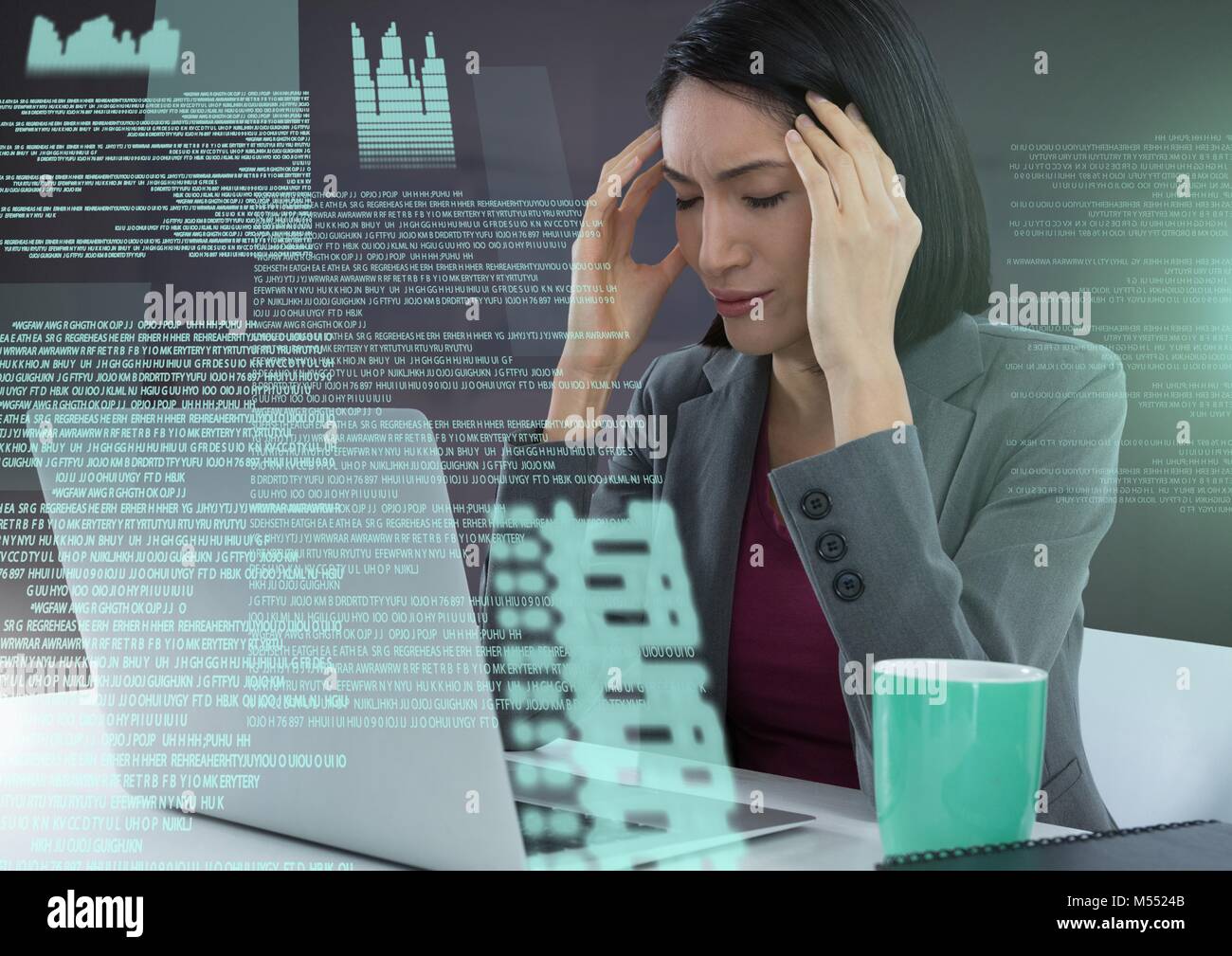 Businesswoman working on laptop with screen text interface Stock Photo ...