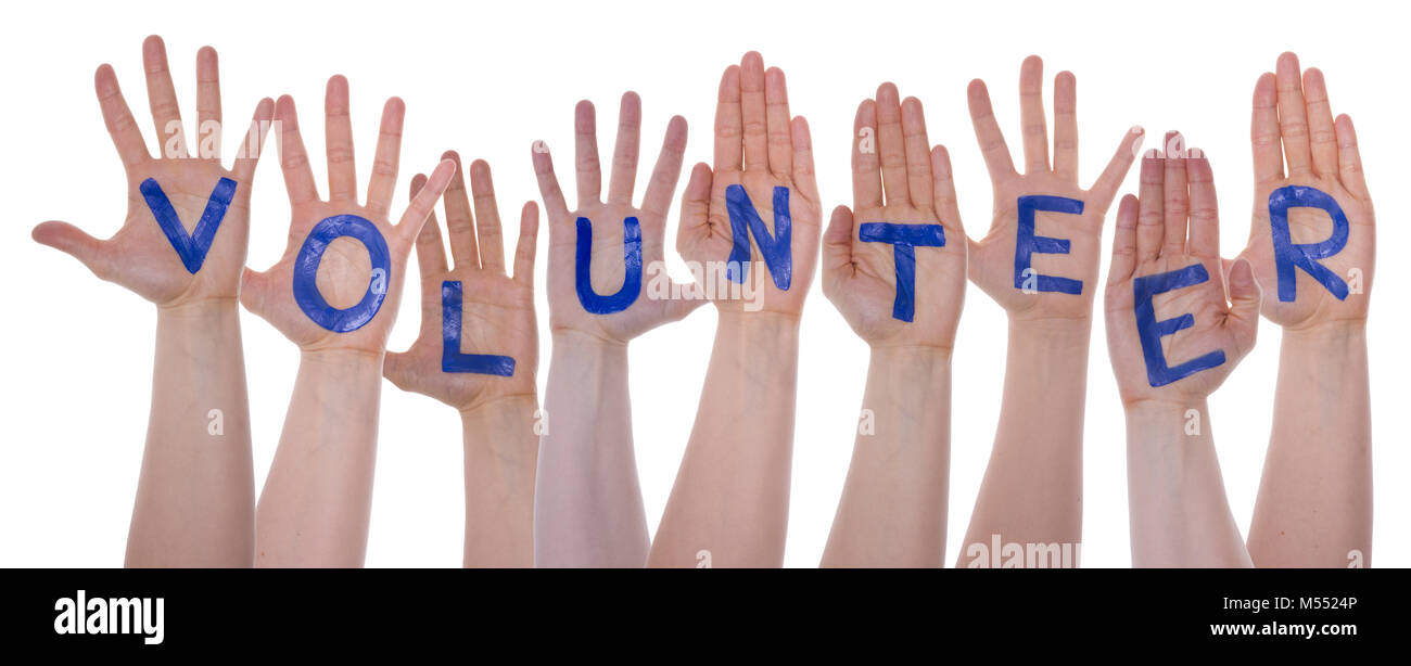 Word Volunteer On Hands, On White Stock Photo - Alamy