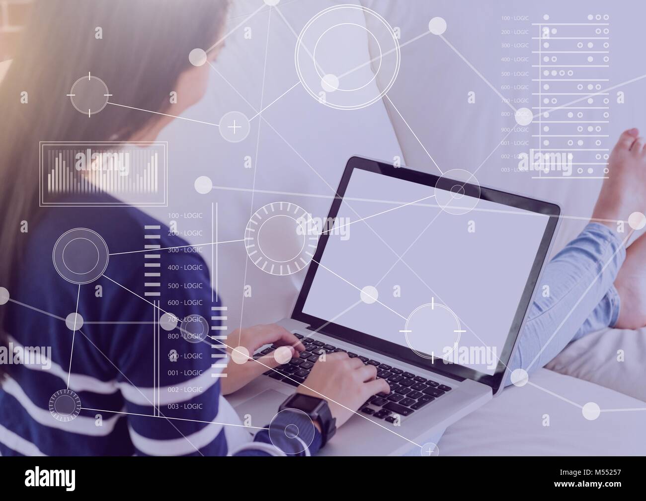 Business Overlay Interface with woman and laptop Stock Photo - Alamy