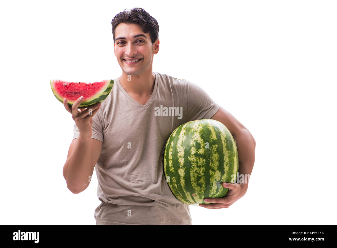 Young man with watermelon isolated on white Stock Photo - Alamy