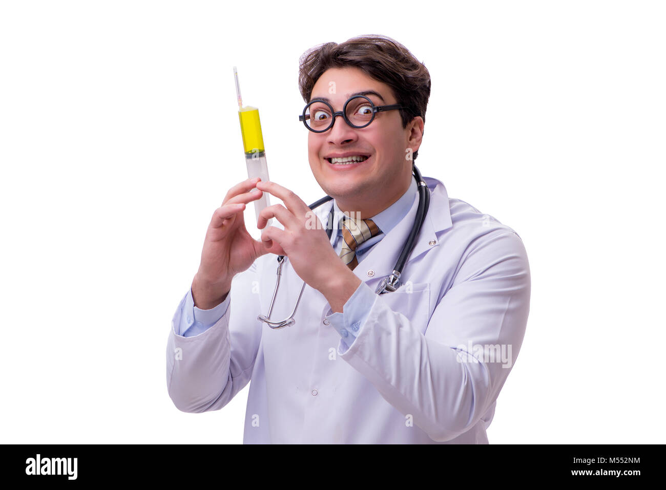 Funny doctor with syringe isolated on white Stock Photo - Alamy
