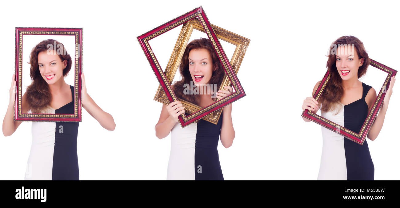 Woman with picture frame on white Stock Photo - Alamy