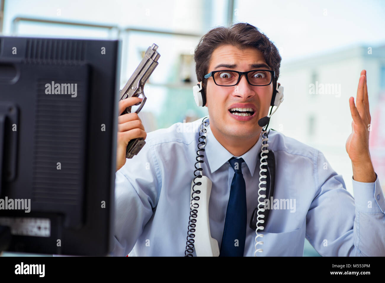 Unhappy angry call center worker frustrated with workload Stock Photo ...