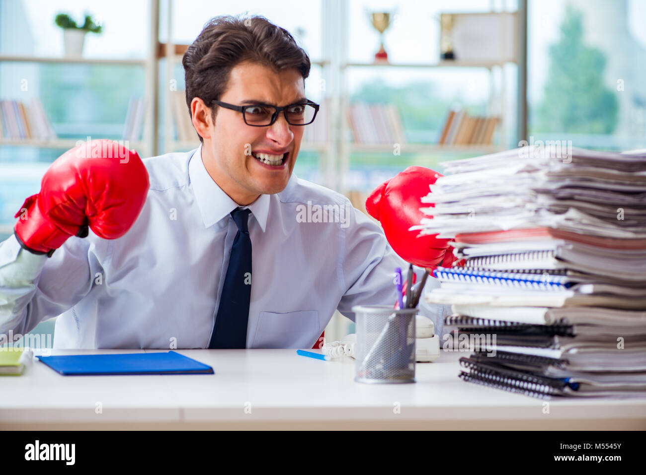 Businessman with boxing gloves in the office Stock Photo - Alamy