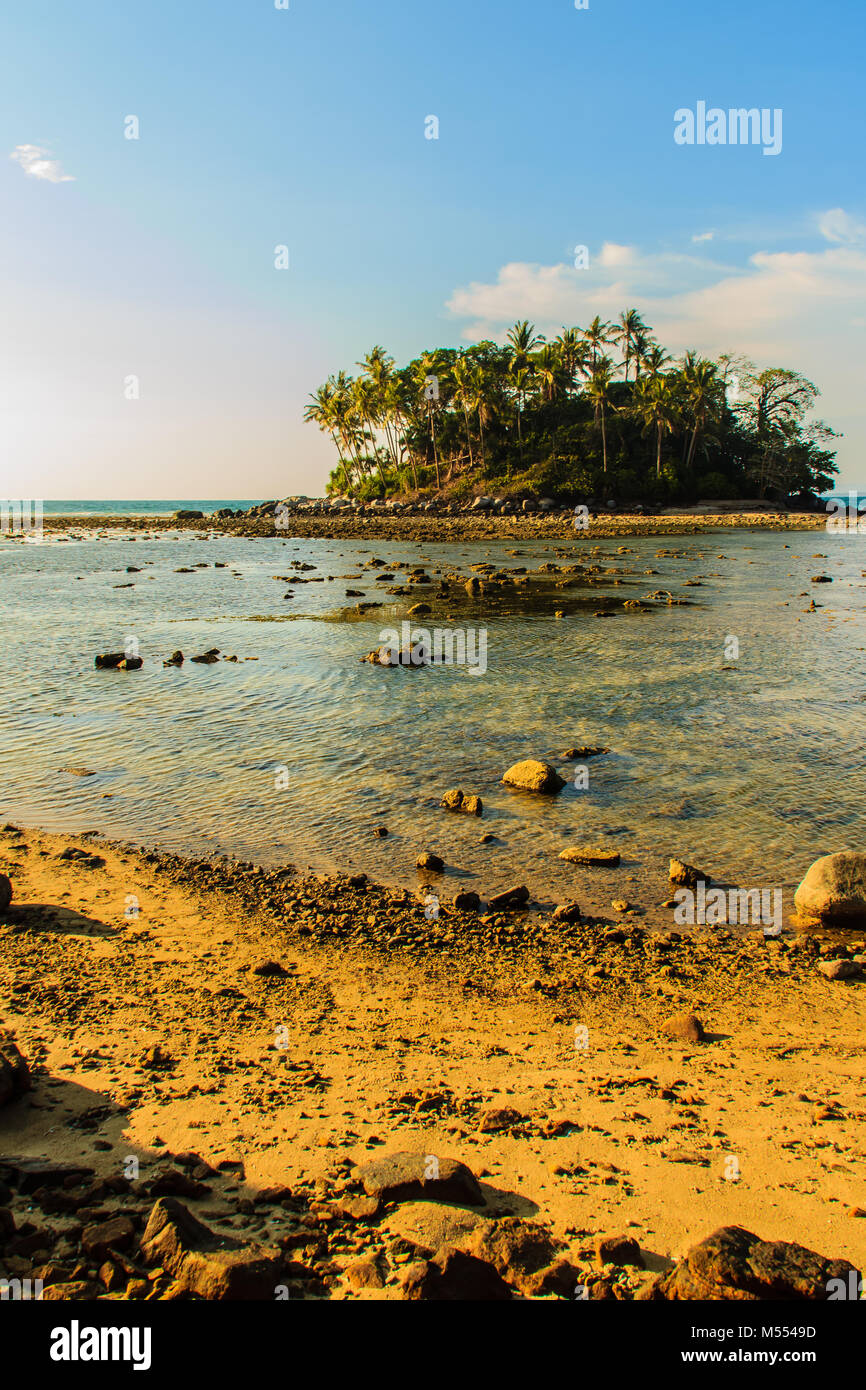 Lonely remote island with rock beach and tree when the sea water ...