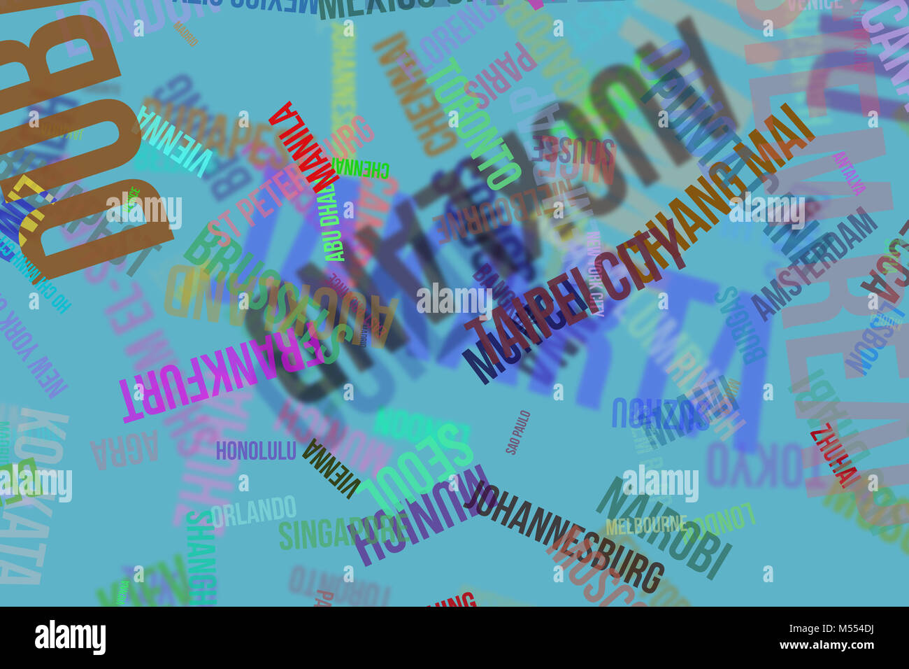 Colorful & blur city names word cloud for travel destinations ...