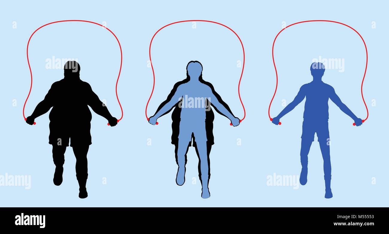Fat and Slim Man Silhouette Exercising with Jumping Rope. All the ...
