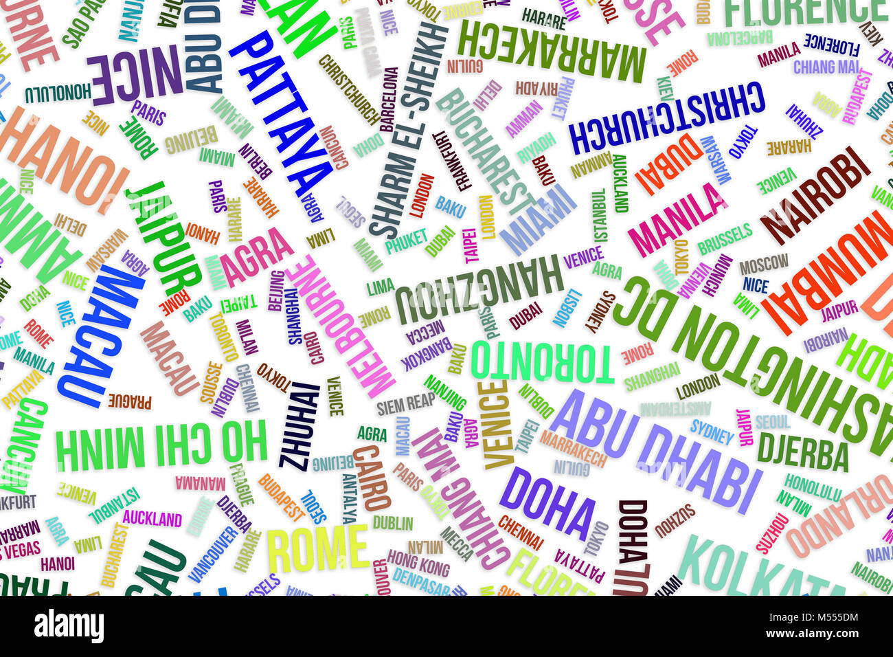 Colorful city names word cloud for travel destinations conceptual, for ...