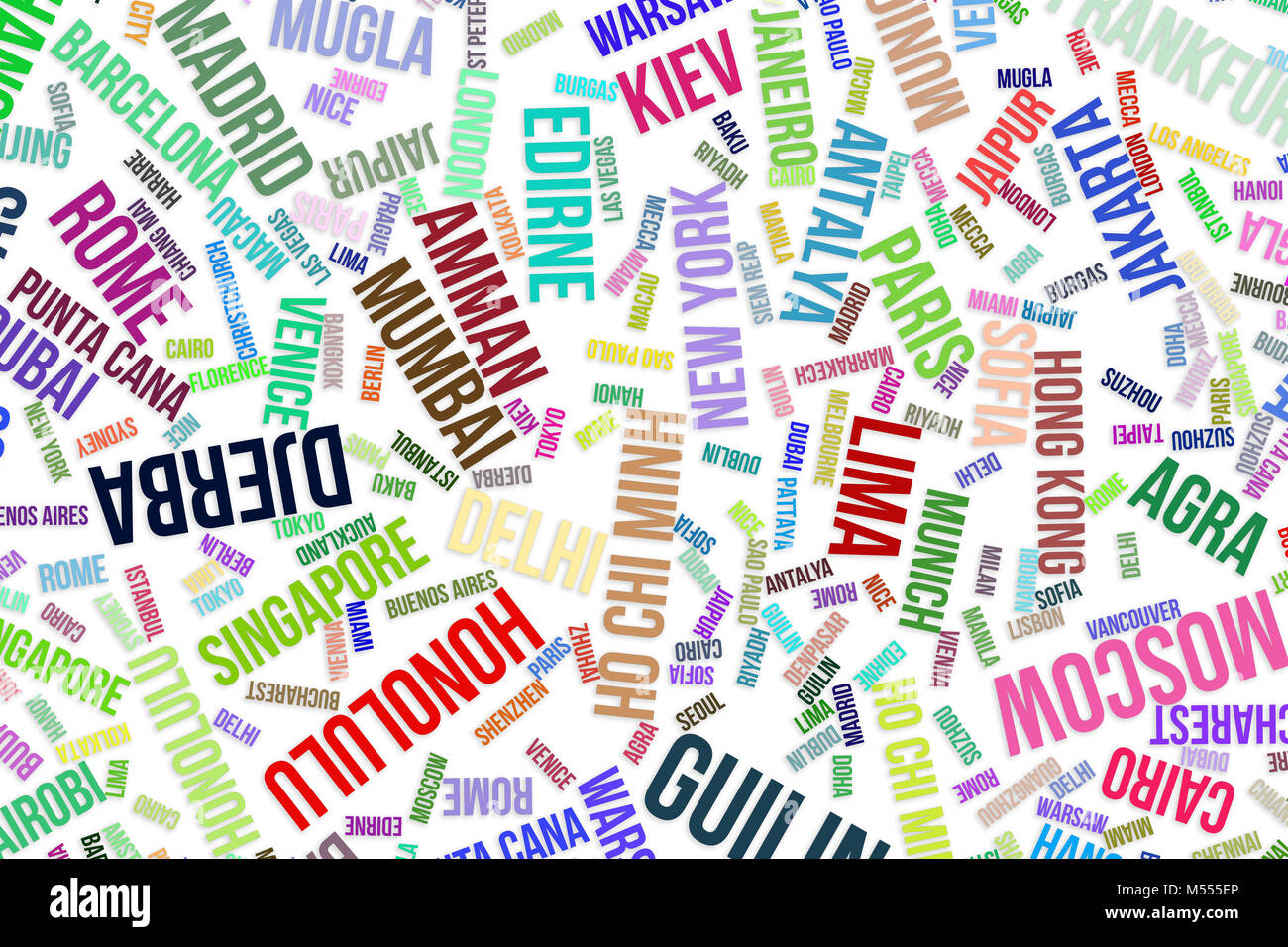 Colorful city names word cloud for travel destinations conceptual, for ...