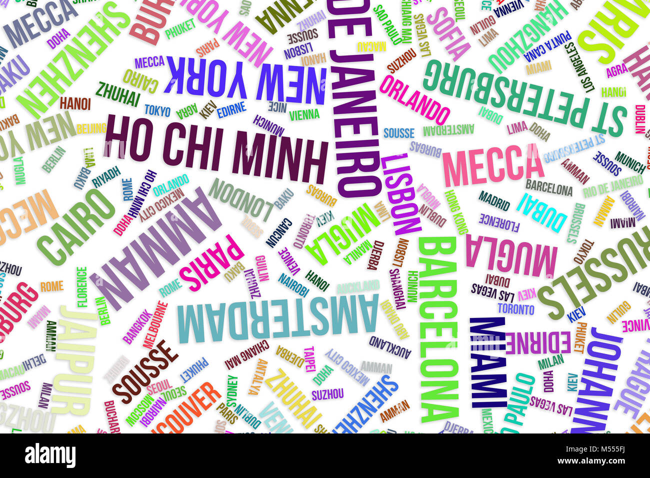 Colorful city names word cloud for travel destinations conceptual, for ...