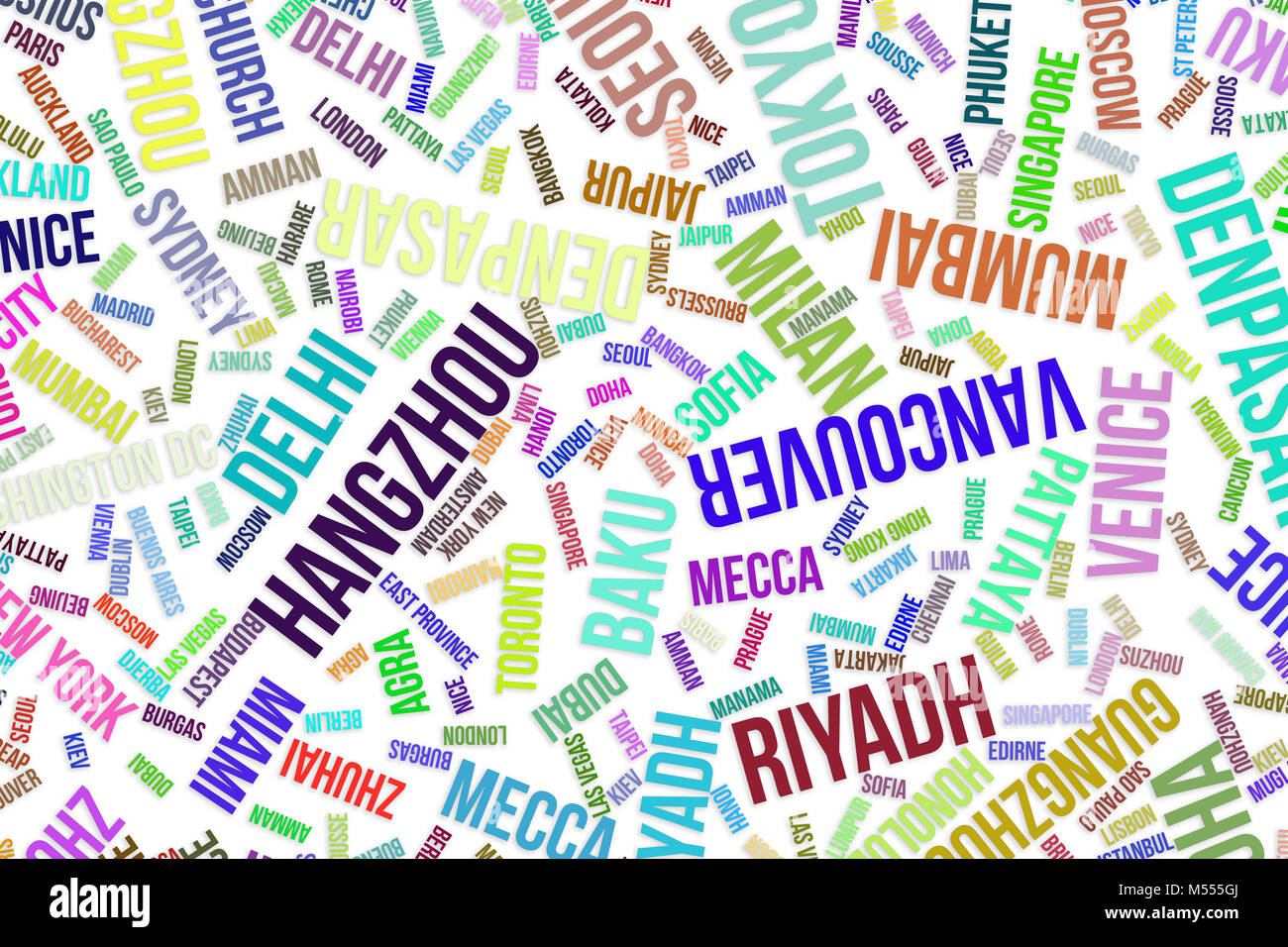 Colorful city names word cloud for travel destinations conceptual, for ...