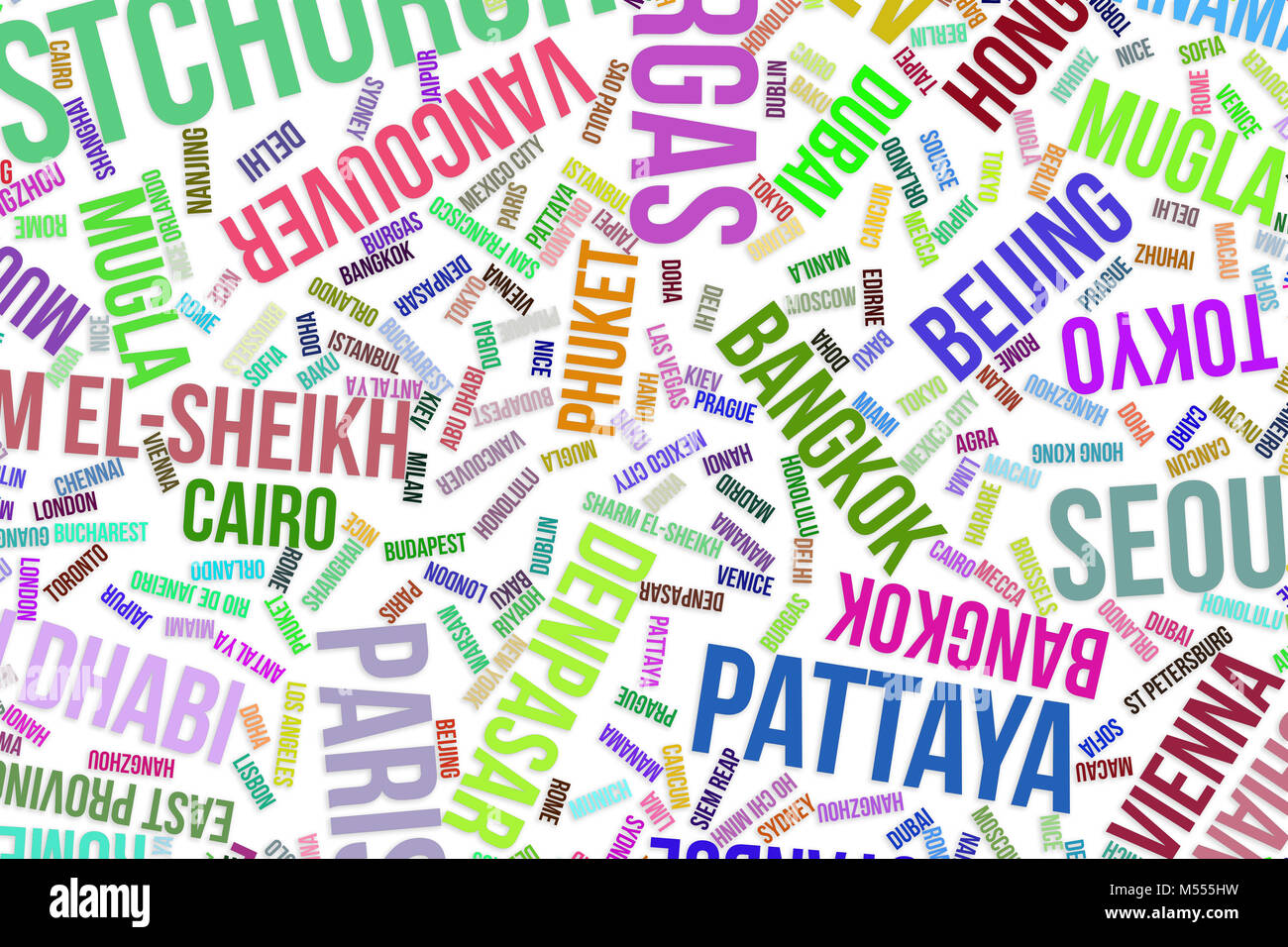 Colorful city names word cloud for travel destinations conceptual, for ...