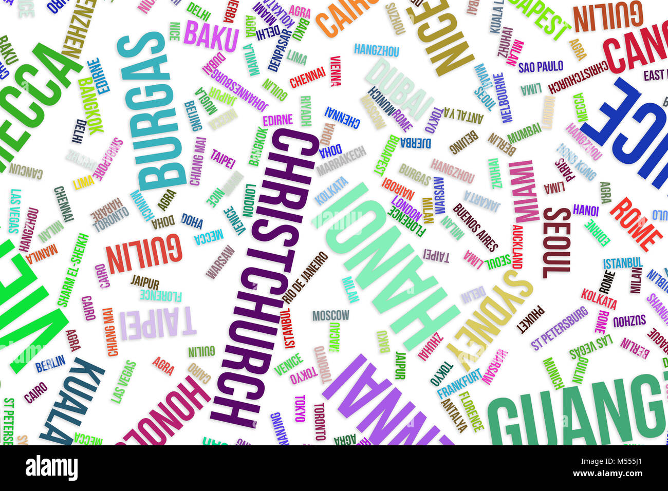 Colorful city names word cloud for travel destinations conceptual, for ...