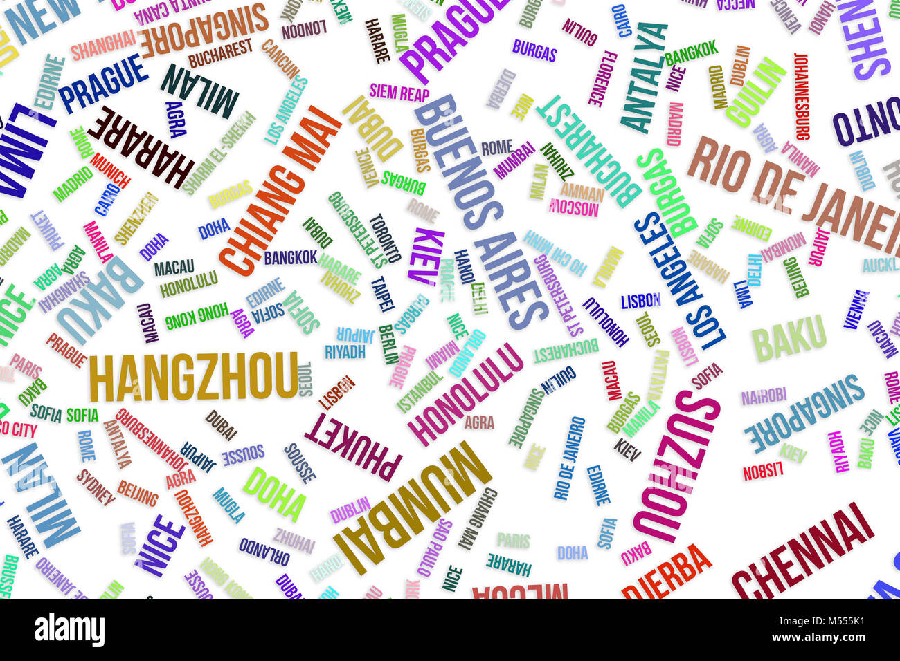 Colorful city names word cloud for travel destinations conceptual, for ...