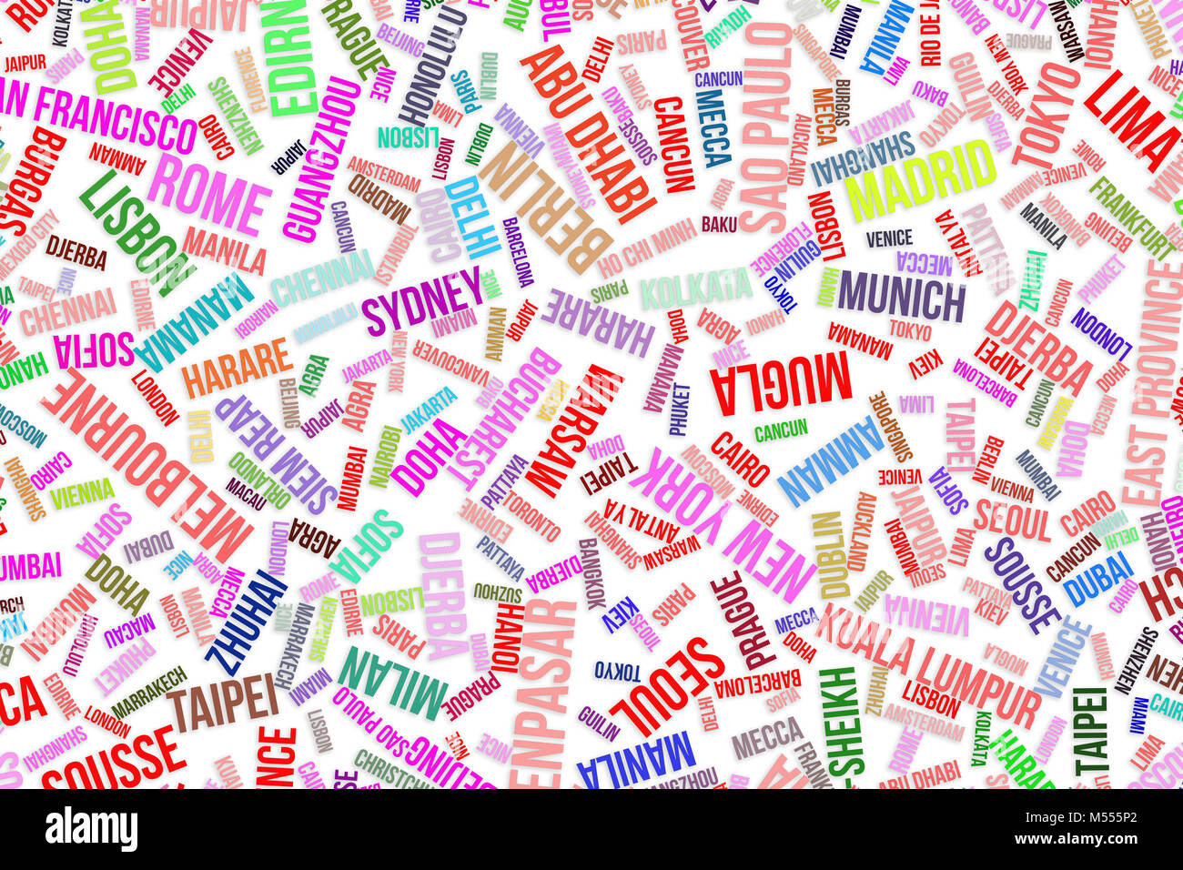 Colorful city names word cloud for travel destinations conceptual, for ...