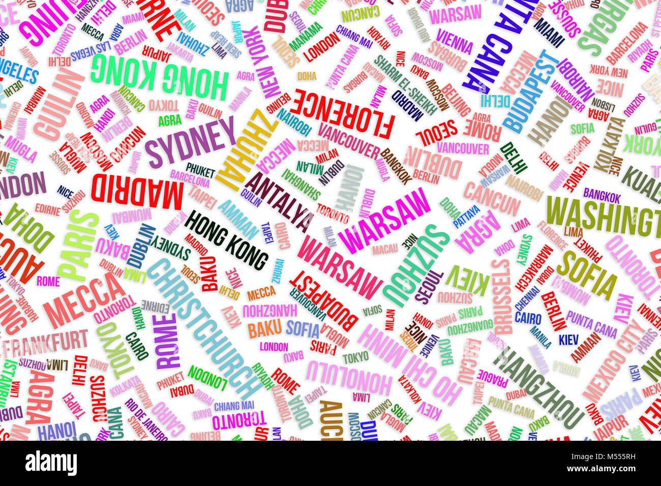 Colorful city names word cloud for travel destinations conceptual, for ...