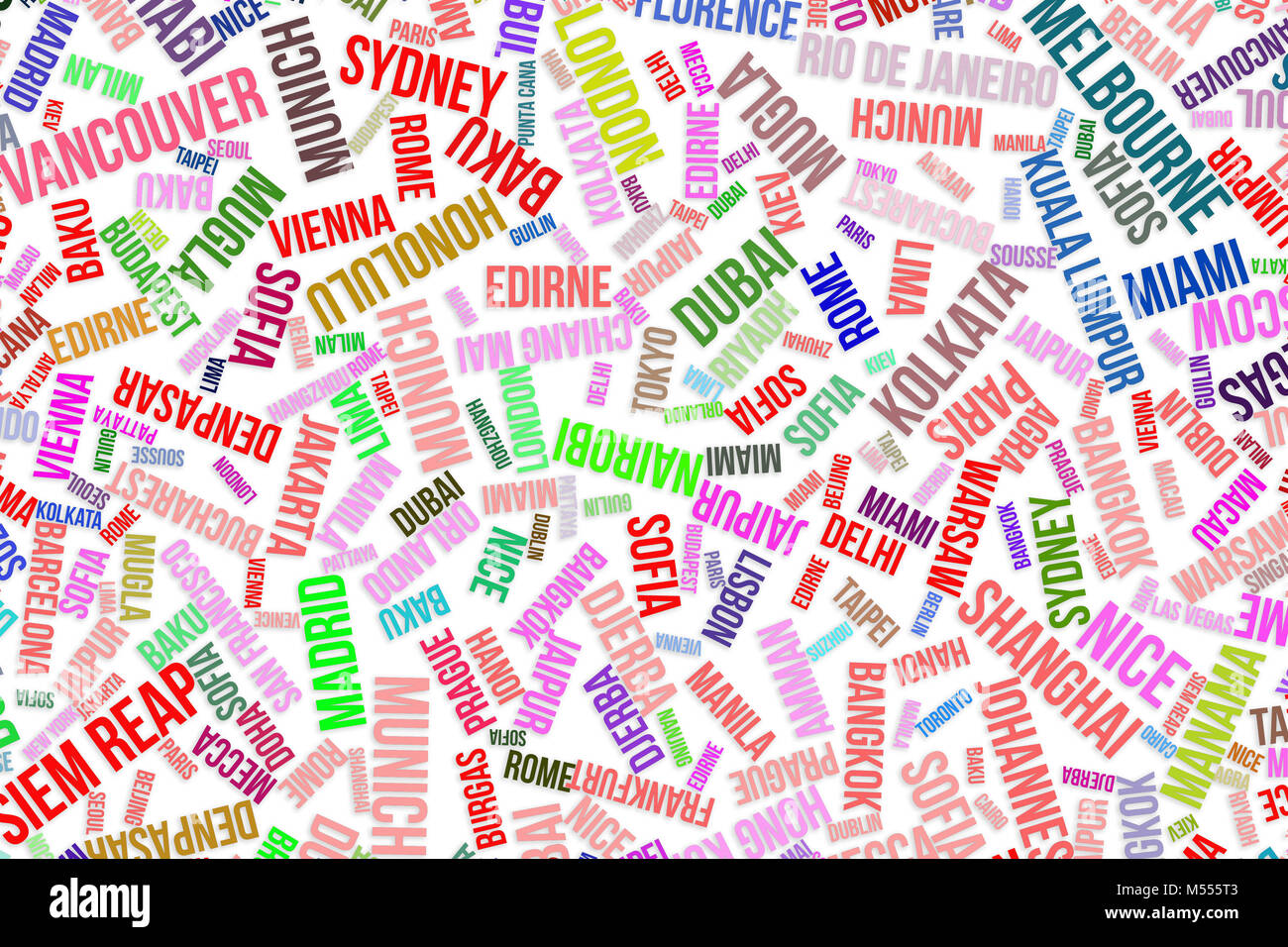 Colorful city names word cloud for travel destinations conceptual, for ...