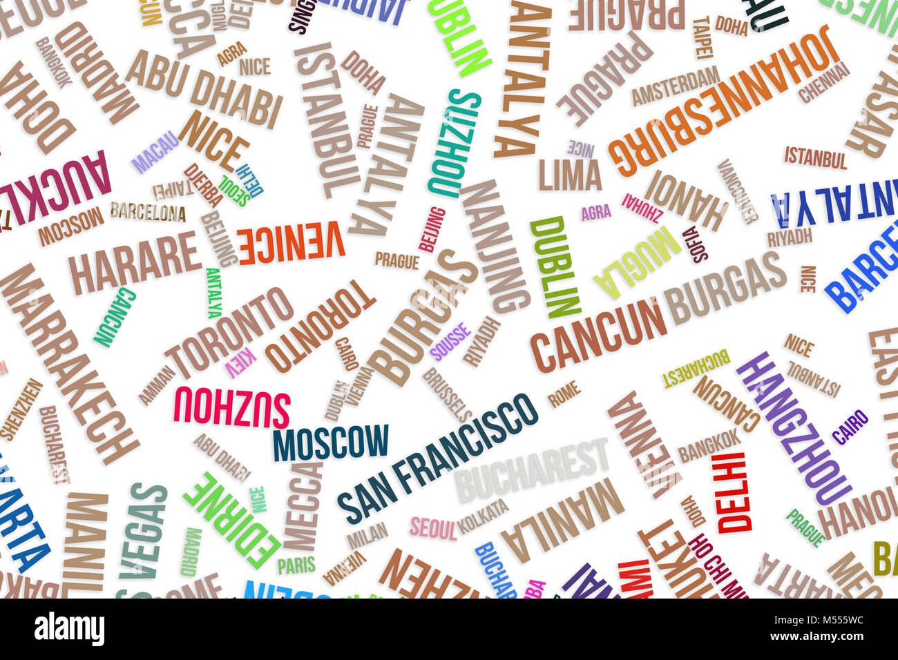 Colorful city names word cloud for travel destinations conceptual, for ...