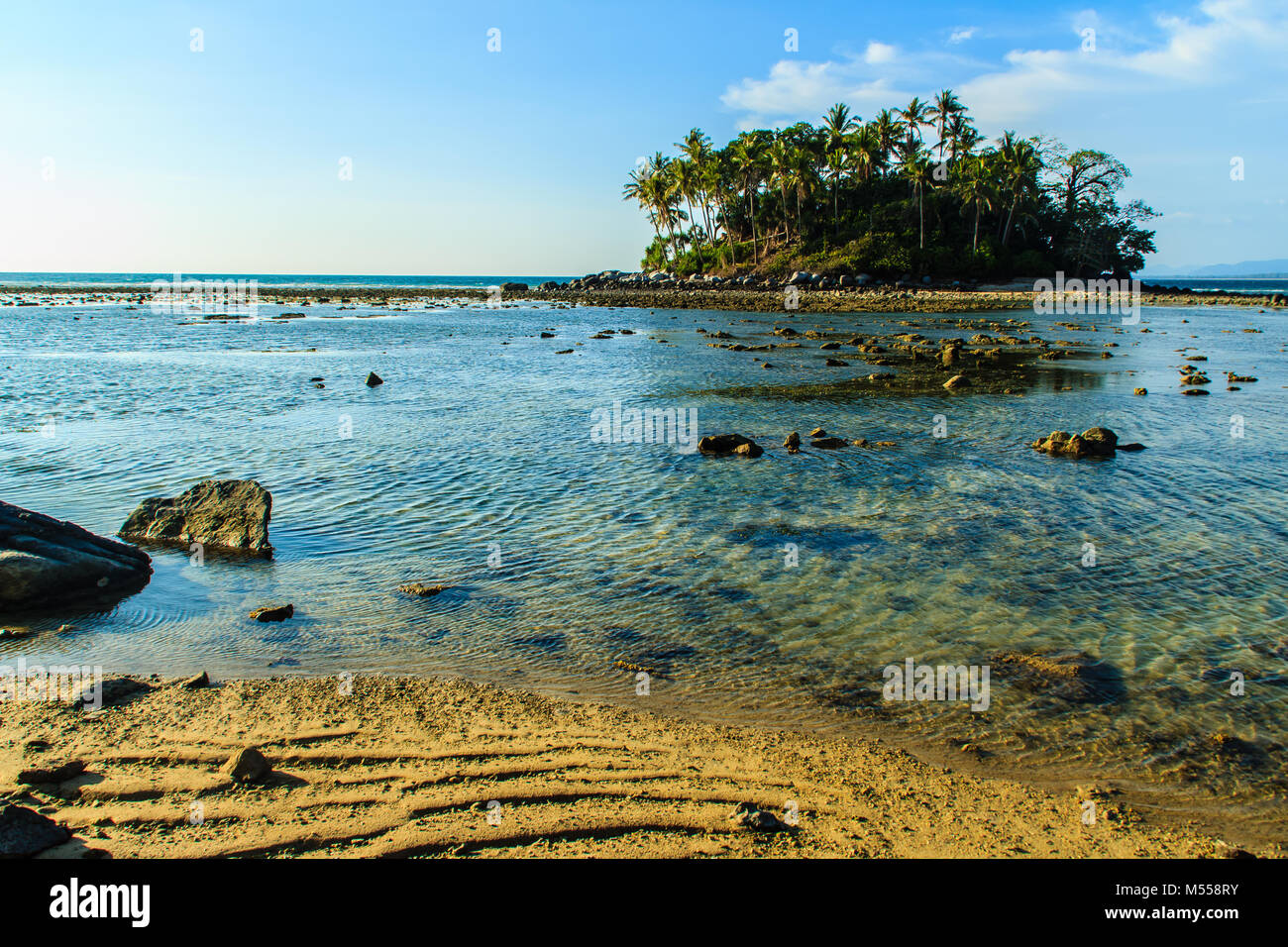 Lonely remote island with rock beach and tree when the sea water ...