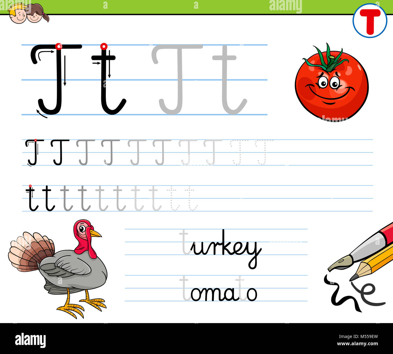 how to write letter T worksheet for kids Stock Photo - Alamy