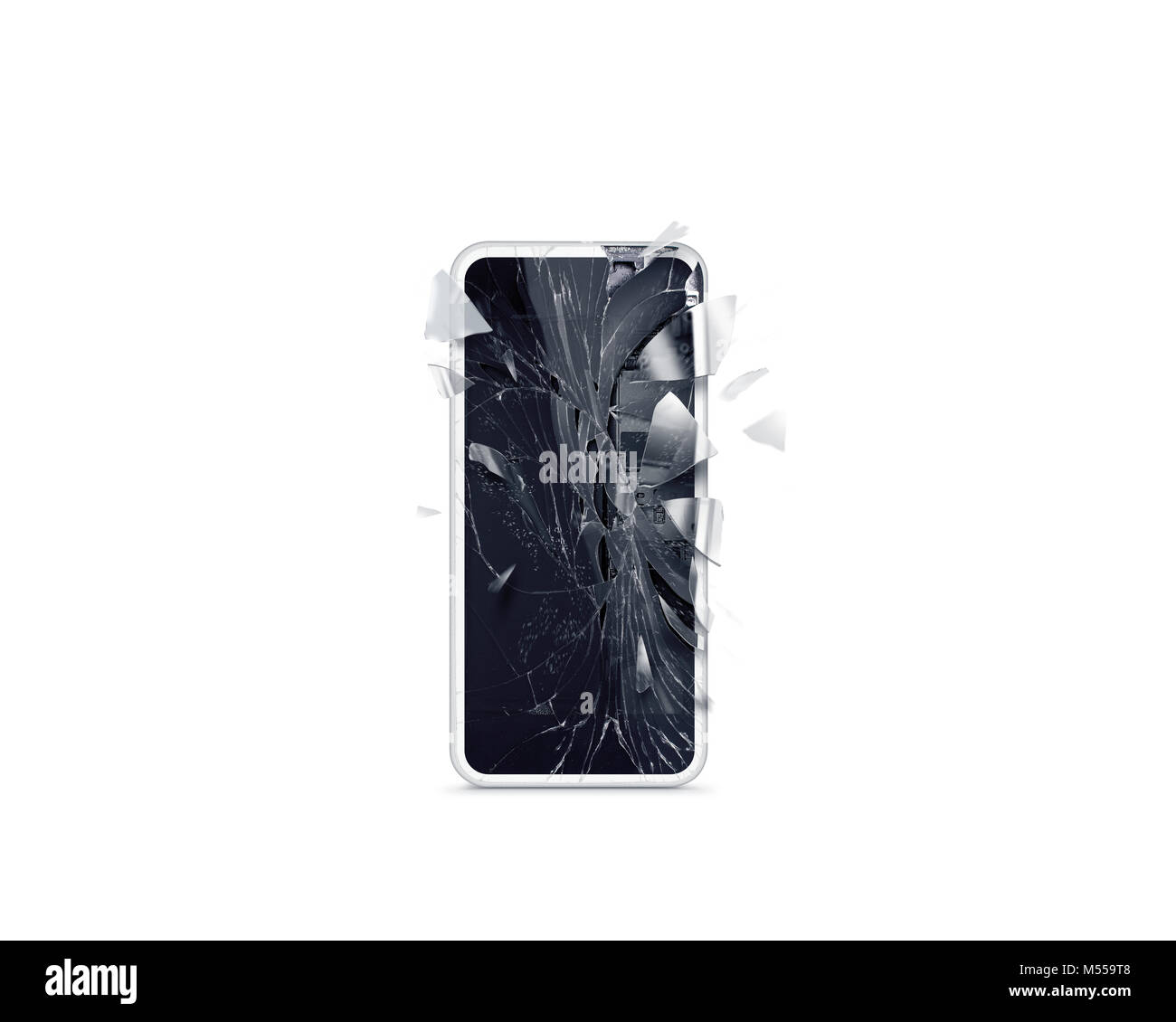 Broken white mobile phone screen, scattered shards, isolated ...