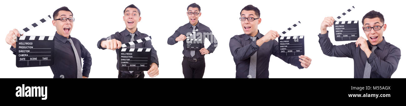 Funny man with movie clapper Stock Photo - Alamy