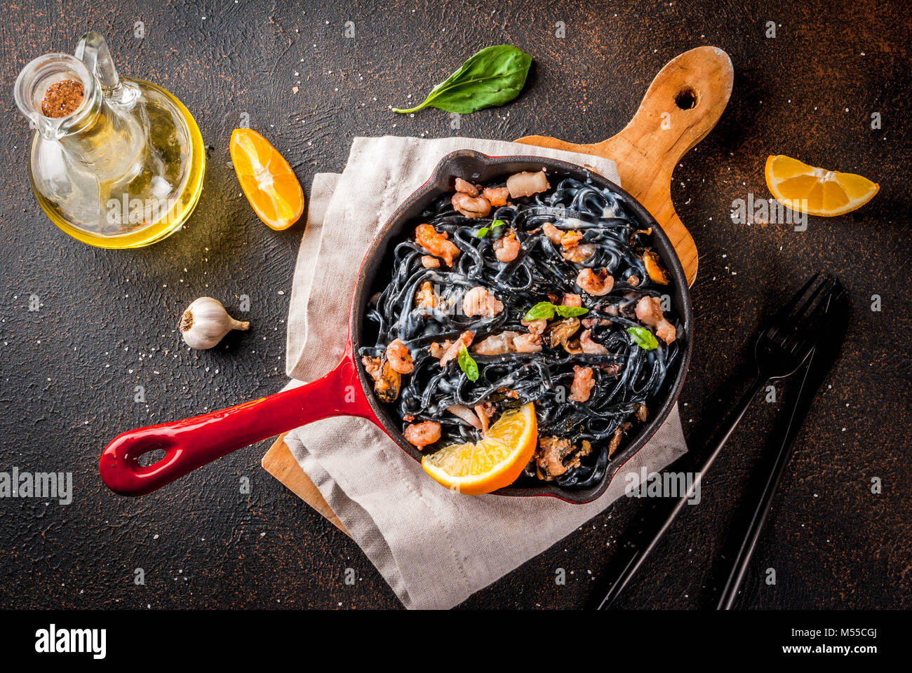 Modern italian dinner, Mediterranean food, black cuttlefish ink ...