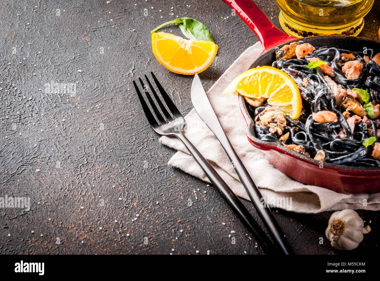 Modern italian dinner, Mediterranean food, black cuttlefish ink ...