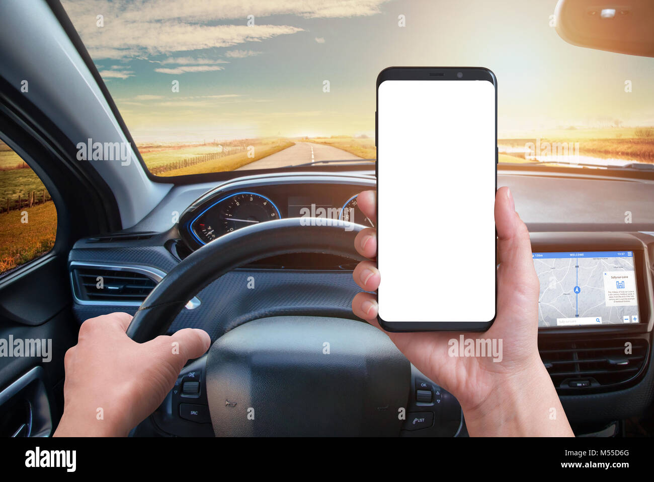 Driver keeps the phone while driving. Isolated screen for mockup ...