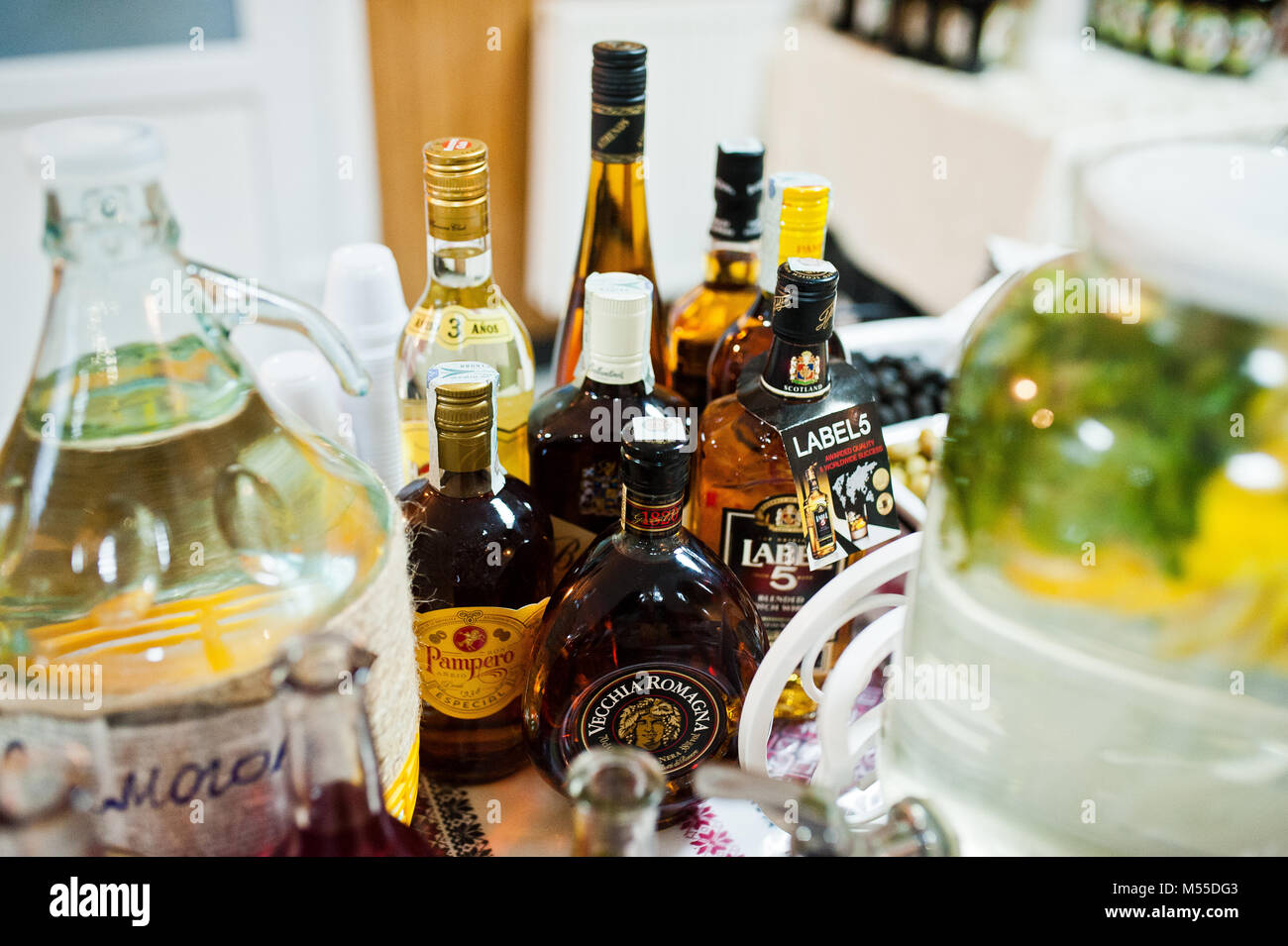 Hai, Ukraine - 08 February, 2018: a few bottles of alcohol beverages on ...