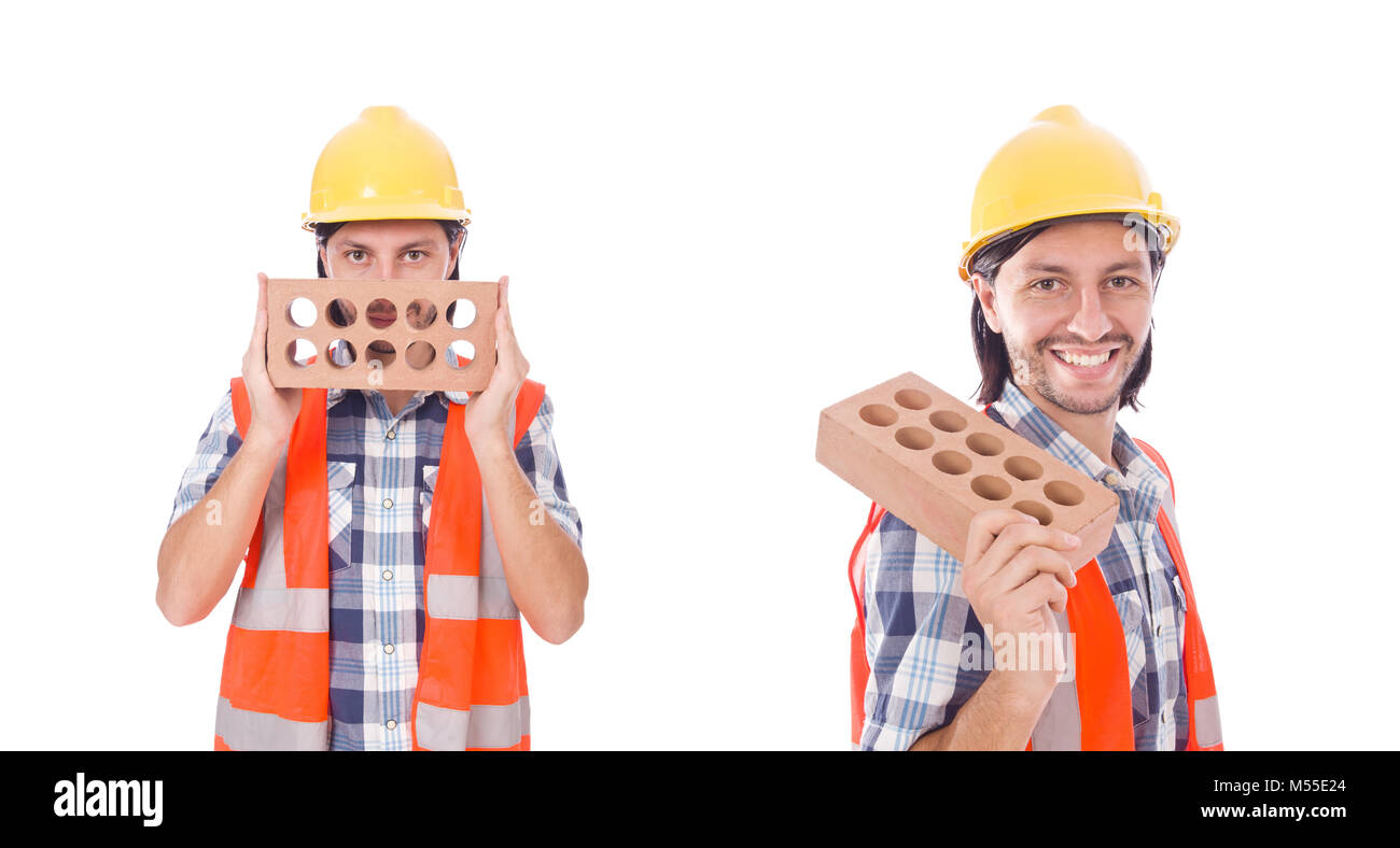 Young bricklayer with brick isolated on white Stock Photo - Alamy
