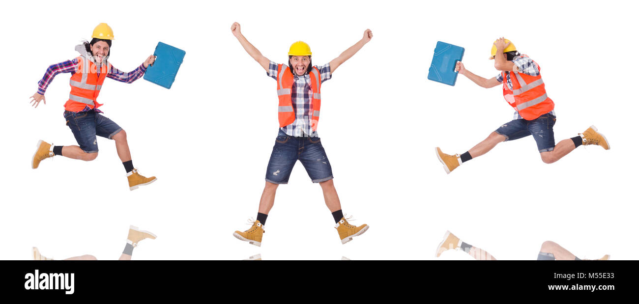 Running young builder with toolbox isolated on white Stock Photo - Alamy