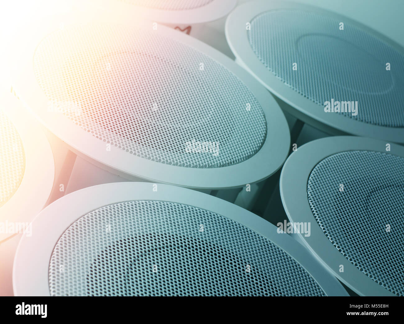 White round circle speakers near each over. Alarm system equipment ...