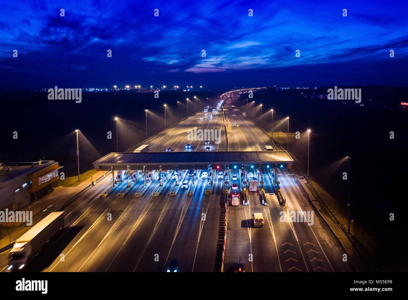 Aerial drone view on motorway with toll collection point at night Stock ...