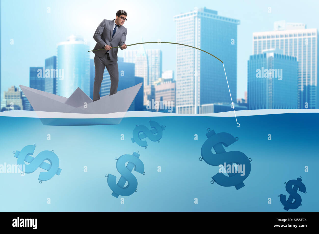 Businessman fishing dollars money from paper boat ship Stock Photo - Alamy