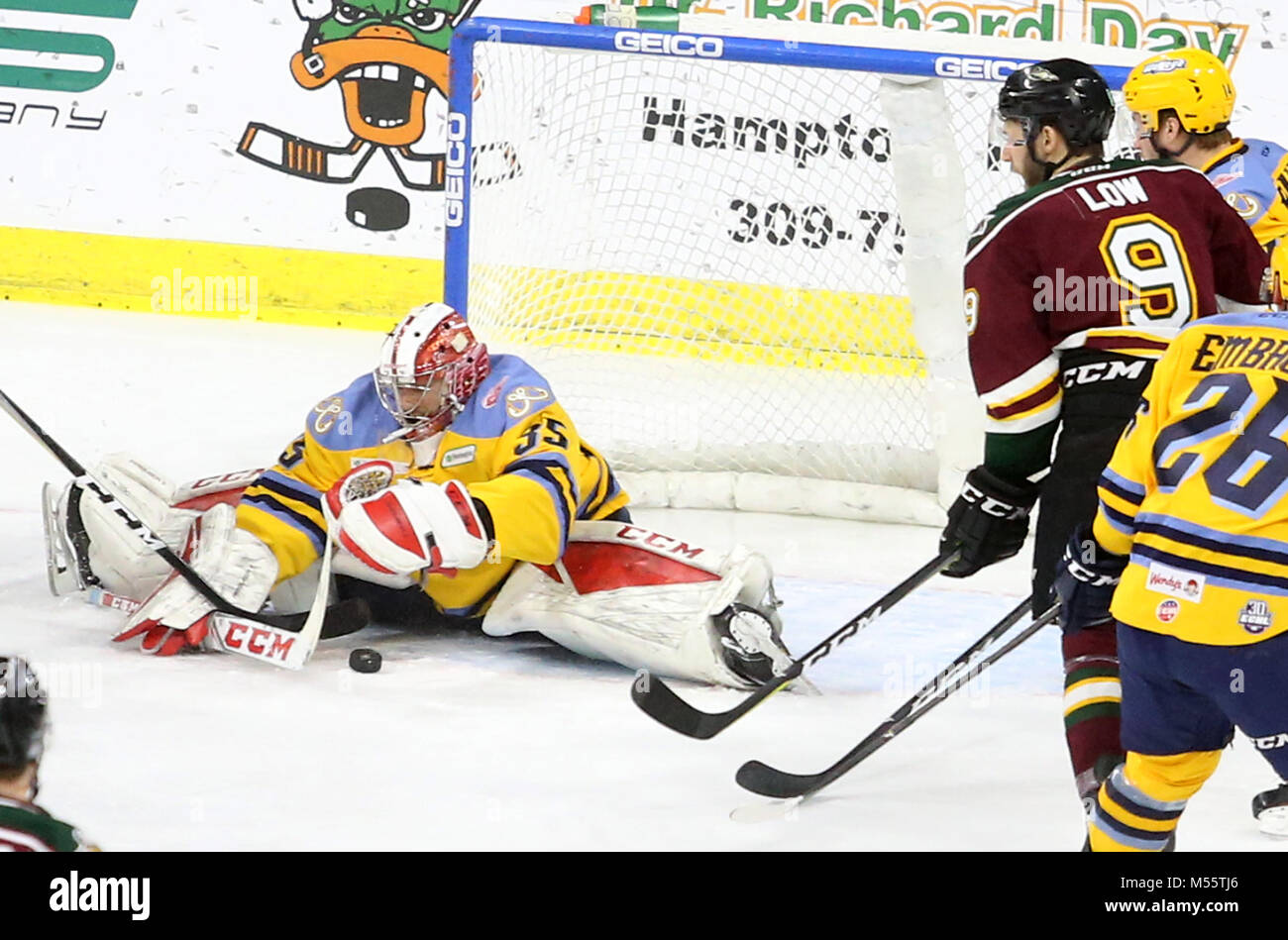 Moline, Iowa, USA. 18th Feb, 2018. Toledo goalie Matej Machovsky blocks ...