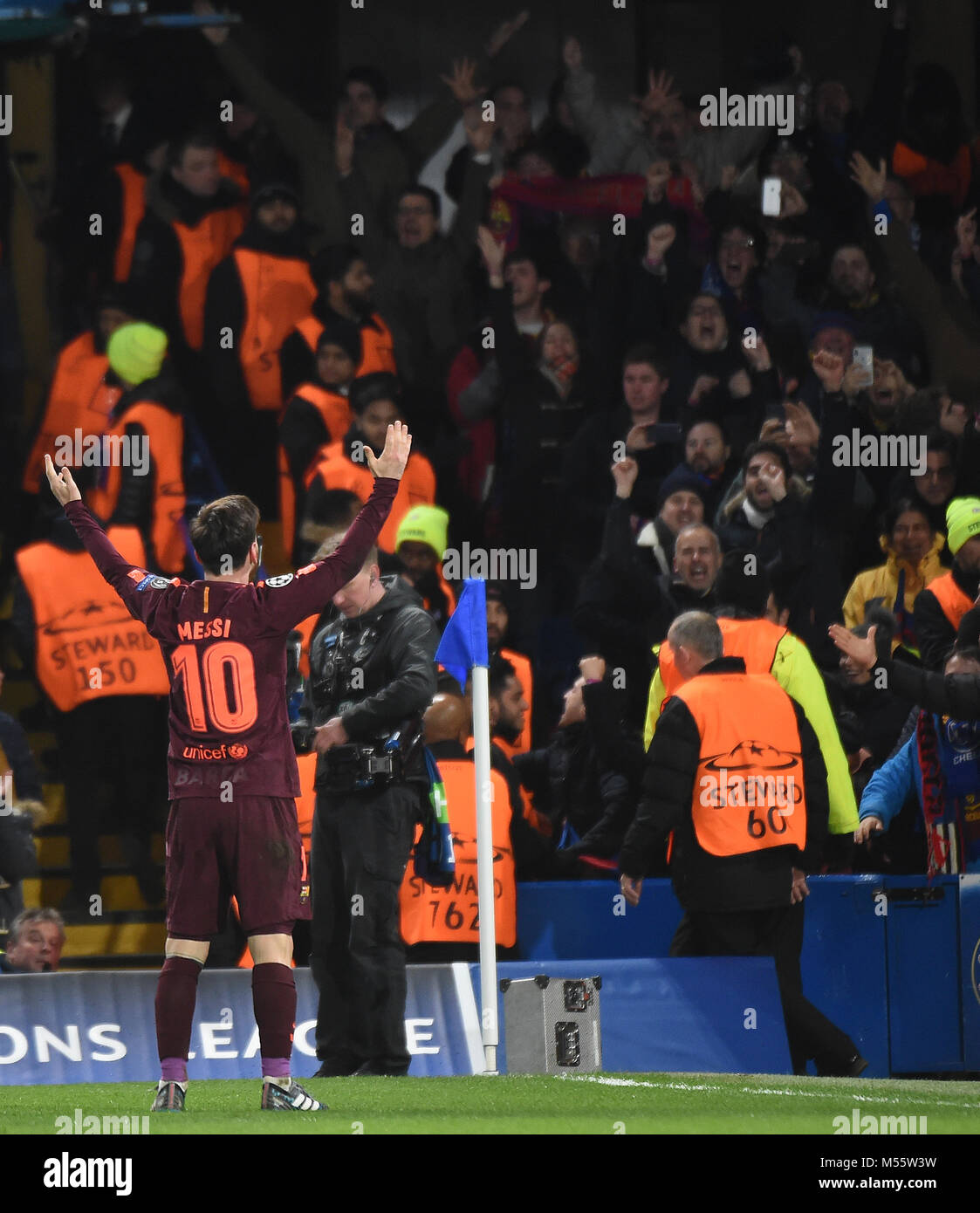 London, UK. 20th Feb, 2018. Lionel Messi celebrates a a goal during the ...