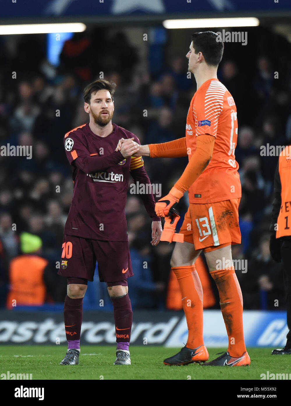 London, UK. 20th Feb, 2018. Thibaut Courtois of Chelsea and Lionel ...