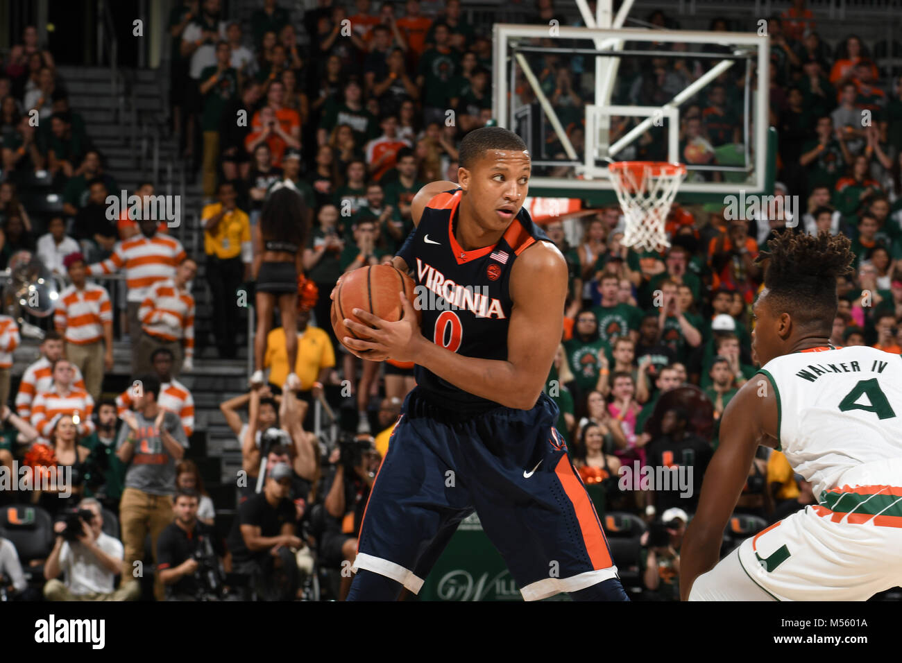 Coral Gables, Florida, USA. 13th Feb, 2018. Devon Hall #0 of Virginia ...