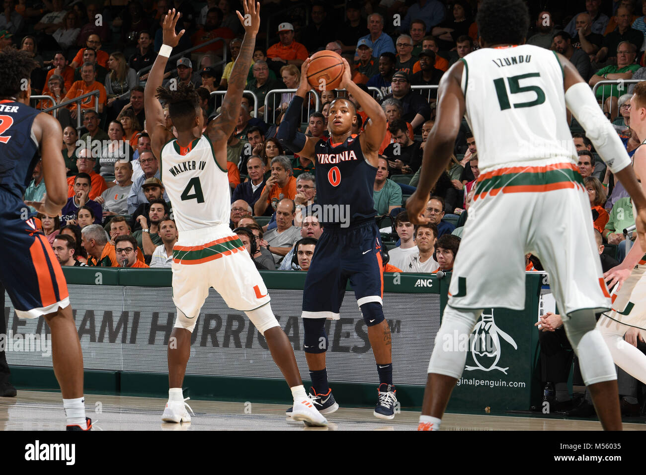 Coral Gables, Florida, USA. 13th Feb, 2018. Devon Hall #0 of Virginia ...