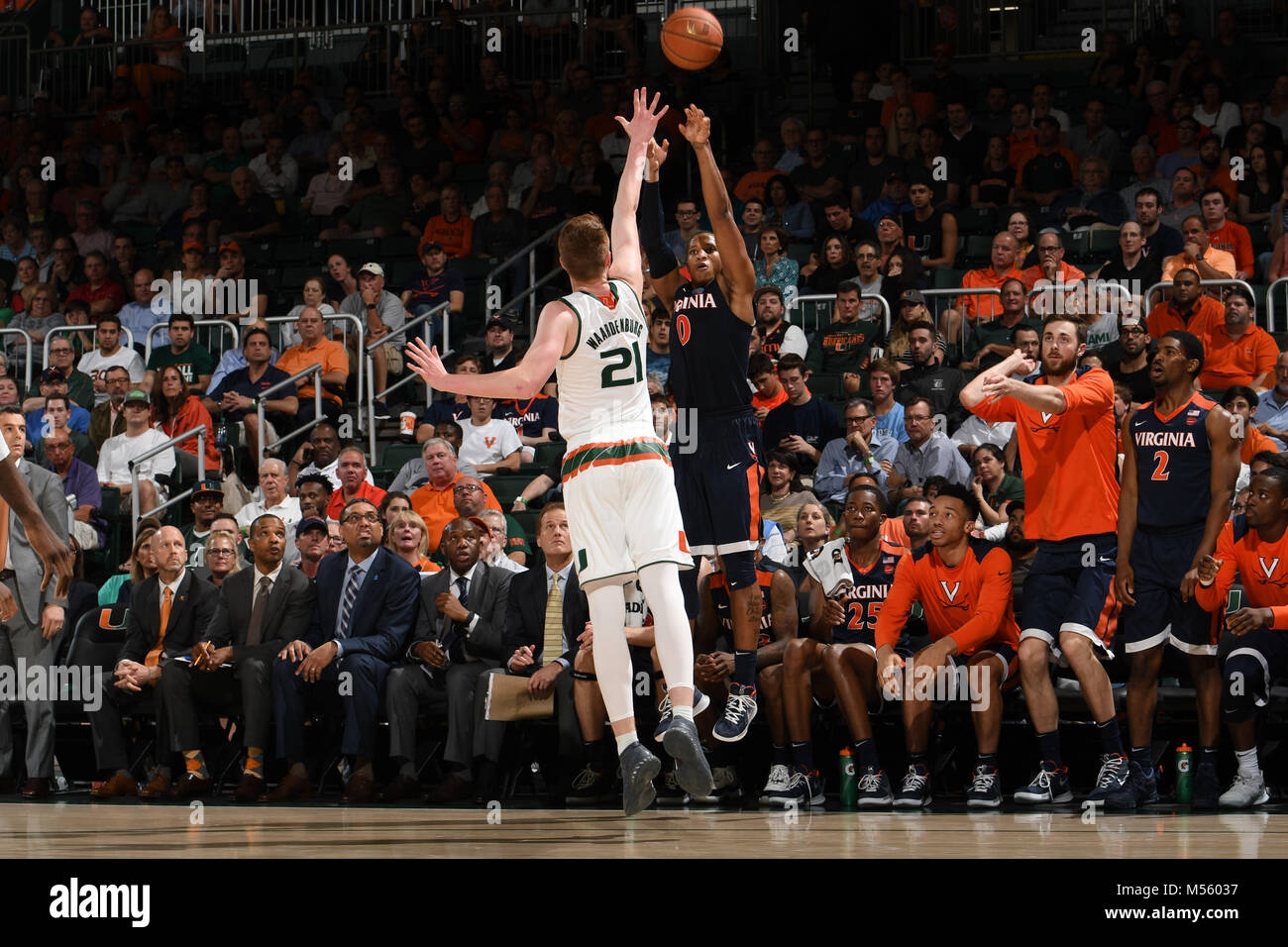 Coral Gables, Florida, USA. 13th Feb, 2018. Devon Hall #0 of Virginia ...