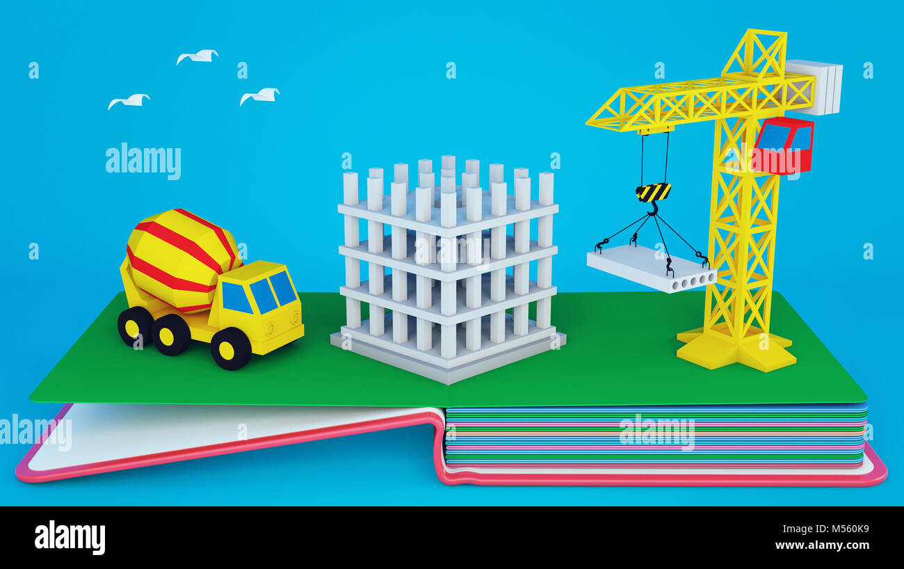 Pop up book with layout of construction site and equipment. 3D ...